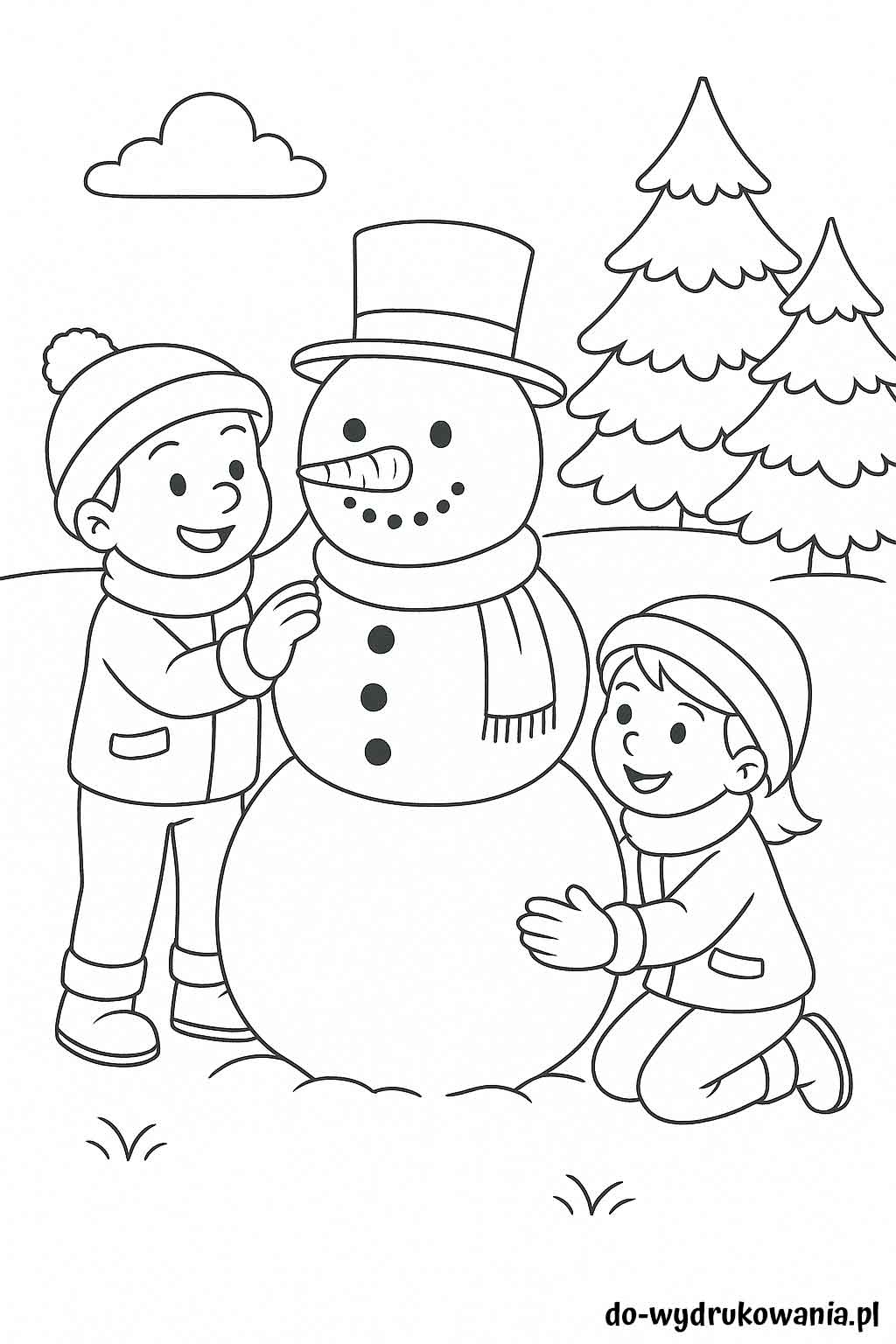 Kolorowanka dzieci lepią bałwana - Darmowy PDF A4