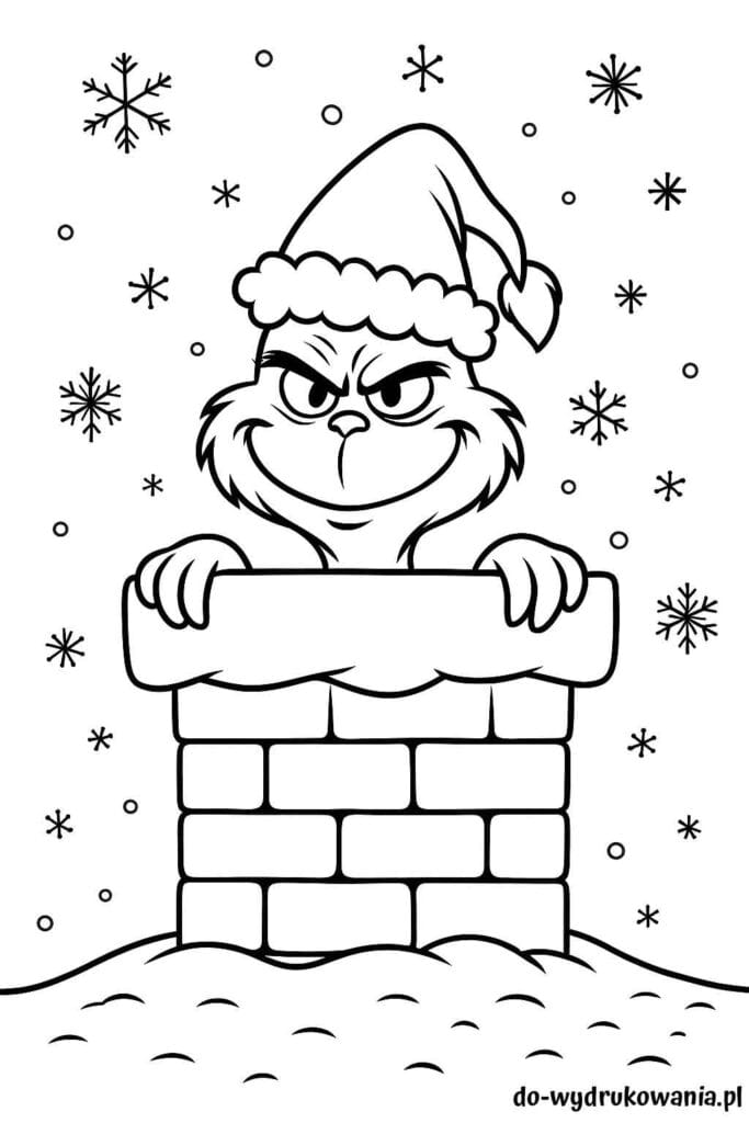 Kolorowanka Grinch w kominie - Darmowy PDF A4